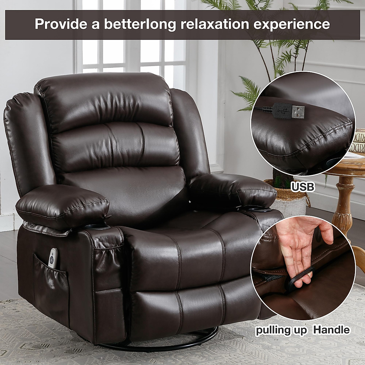 Etsaleruo Massage Swivel Rocker Recliner Chair, PU Leather Living Room Lounge Chair with Vibrating Massage and Heat, Multifunctional Lazy Sofa with Side Pockets 2 Cup Holders USB Charge Port, Brown