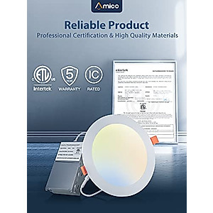 Amico 12 Pack 6 Inch 5CCT Ultra-Thin LED Recessed Ceiling Light with Junction Box, 2700K/3000K/4000K/5000K/6000K Selectable, Dimmable Canless Light, 1200LM High Brightness Downlight, 15W Eqv 130W, ETL