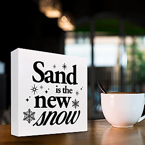 z-crange Sand is The New Snow Farmhouse Beach Wood Block Sign Desk Decor,Funny Nautical Ocean Beach Wooden Box Plaque Sign Desk Decor for Coastal House Office Shelf Table Decorations