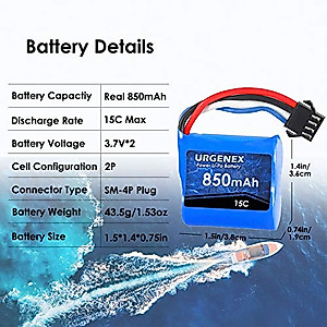 URGENEX Lipo Battery 850mAh 7.4V(2 x 3.7V) RC Boat Battery with SM-4P Plug UDI001 RC Boats Batteries Compatible with RC Boat UDI008