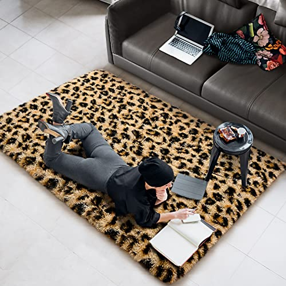 Amearea Fluffy Leopard Rug, Premium Cheetah Print Rugs, Soft Comfy Faux Fur Animal Print Carpet for Kids Room Bedroom, Living Room, Shaggy Teen Room Home Decor, Khaki 4x6 Feet