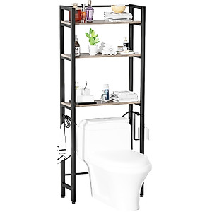 BEWISHOME Over The Toilet Storage, 3-Tier Bathroom Over Toilet Shelves with Hooks, Over Toilet Organizer, Above Toilet Shelf Rack Space Saver for Bathroom Washroom Balcony, Greige and Black YMJ02H