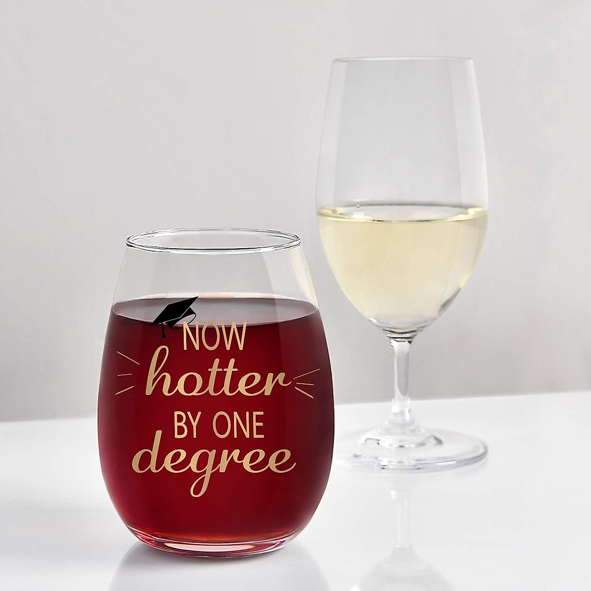 Graduation Gift - Now Hotter by One Degree Stemless Wine Glass 15Oz, Graduation Wine Glass for Him, Her, College Graduates, High School Graduates
