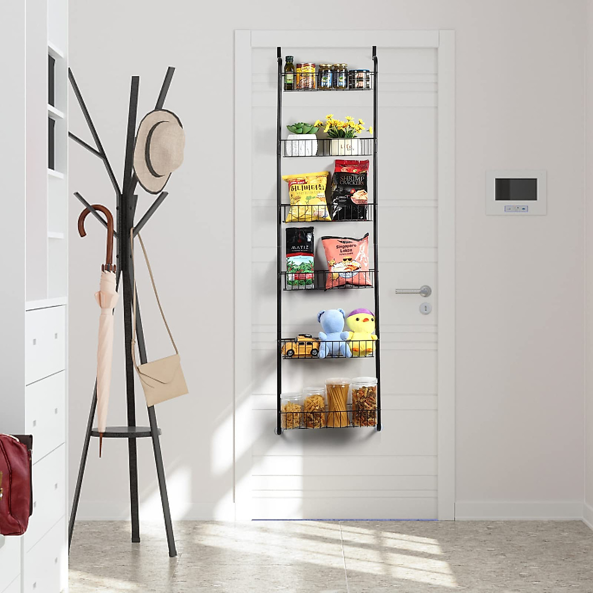 6-Tier Over the Door Pantry Organizer Rack, Hanging Storage Metal Rack with 6 Baskets, Door Organization Kitchen Spice Rack, for Kitchen Bathroom Bedroom(Black)