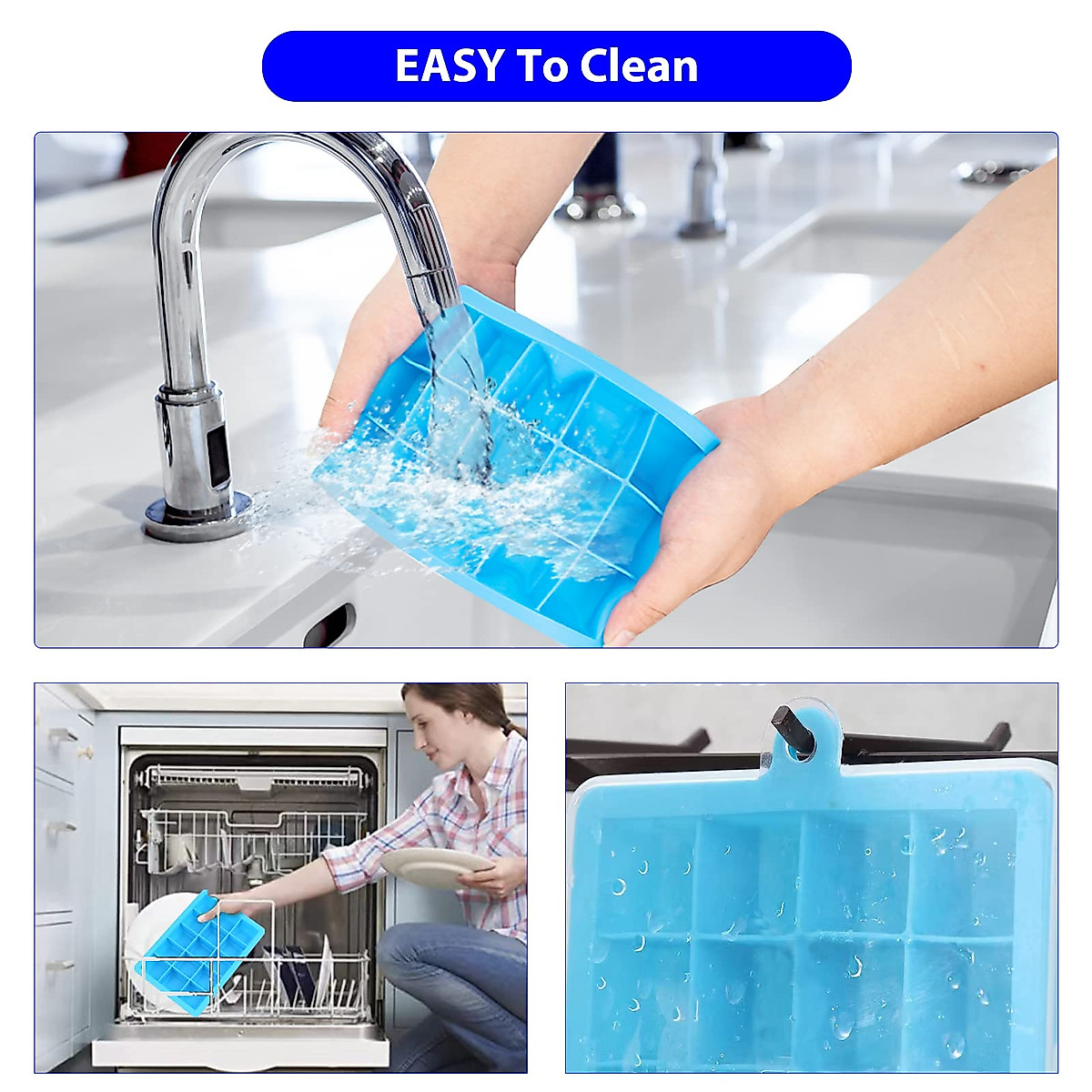 Silicone Ice Cube Tray with Lid, 2 Pack Stackable Ice Trays for Freezer, 30 Pcs Ice Molds Blue