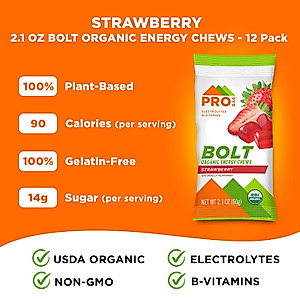 PROBAR - Bolt Organic Energy Chews, Strawberry, Non-GMO, Gluten-Free, USDA Certified Organic, Healthy, Natural Energy, Fast Fuel with Vitamins B & C, 2.1 Ounce (Pack of 12)