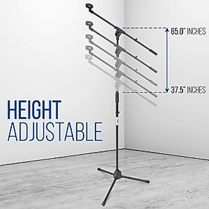 Pyle Foldable Tripod Microphone Stand - Universal Mic Mount and Height Adjustable from 37.5'' to 65.0'' Inch High w/ Extending Telescoping Boom Arm Up to 28.0'' - Knob Tension Lock Mechanism PMKS3