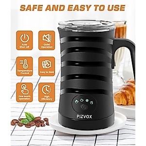 PIZVOX 4-in-1 Electric Milk Frother and Steamer - Versatile & Quiet Foam Maker with Automatic Shut-Off - Perfect for Lattes, Cappuccinos, Macchiato - Large 350ml Capacity for Home Baristas (Black2)