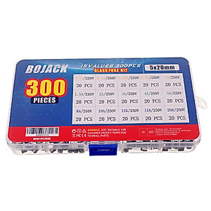 BOJACK 15 Values 300pcs Fast-Blow Glass Fuses Assortment Kit 5x20mm 250V 0.1 0.2 0.25 0.5 1 1.5 2 3 4 5 8 10 12 15 20A amp packag in a Clear Plastic Box