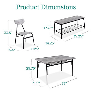 Best Choice Products 6-Piece 55in Modern Dining Set for Home, Kitchen, Dining Room w/Storage Racks, Rectangular Table, Bench, 4 Chairs, Steel Frame - Gray