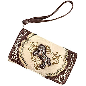 Justin West Horse Floral Embroidery Square Stud Wristlet Trifold Wallet Attachable Long Strap (Hot Pink)