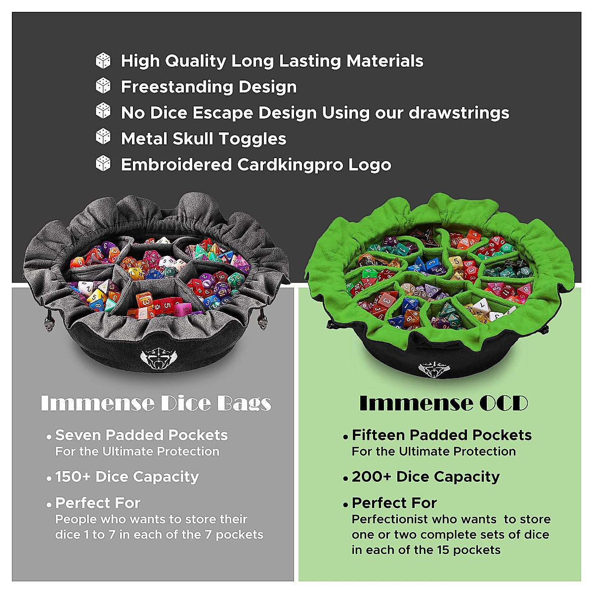 CardKingPro Immense Dice Bags with Pockets - Blue - Capacity 150+ Dice - Great for Dice Hoarders [Patented Design]