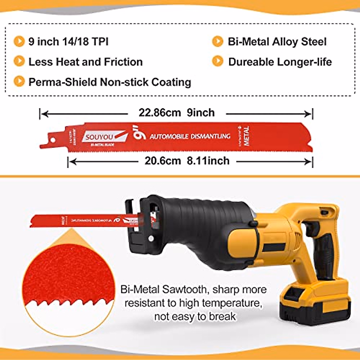 25 Pack 9 in 14/18 TPI Bi-Metal Reciprocating Saw Blades with Organizer Carbide Alloy Steel for Automobile Dismantling Metal Steel Cutting Non-Stick Coated for Less Heat for 1/16-5/16 Medium Metals
