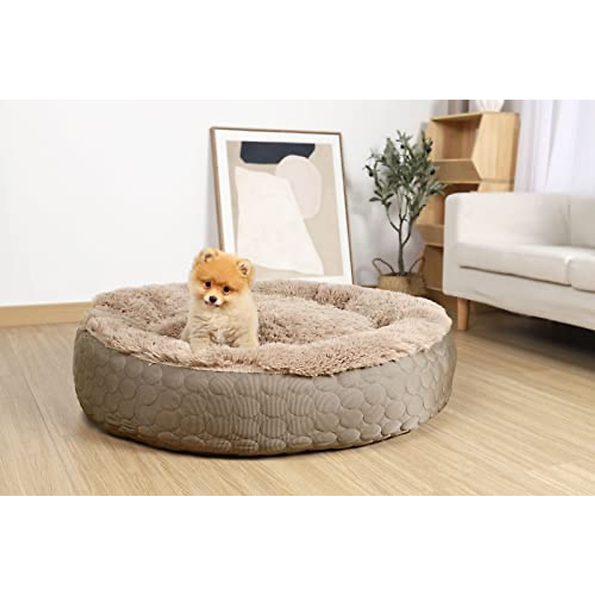 HACHIKITTY Dog Donut Bed Calming Bed Donut Round, Fluffy Dog Bed Medium Large Dogs, Cooling Warming Soft Dog Cushion Bed, Double Sided Available Donut Bed with Warm & Cool Sides(X-Large, Taupe)