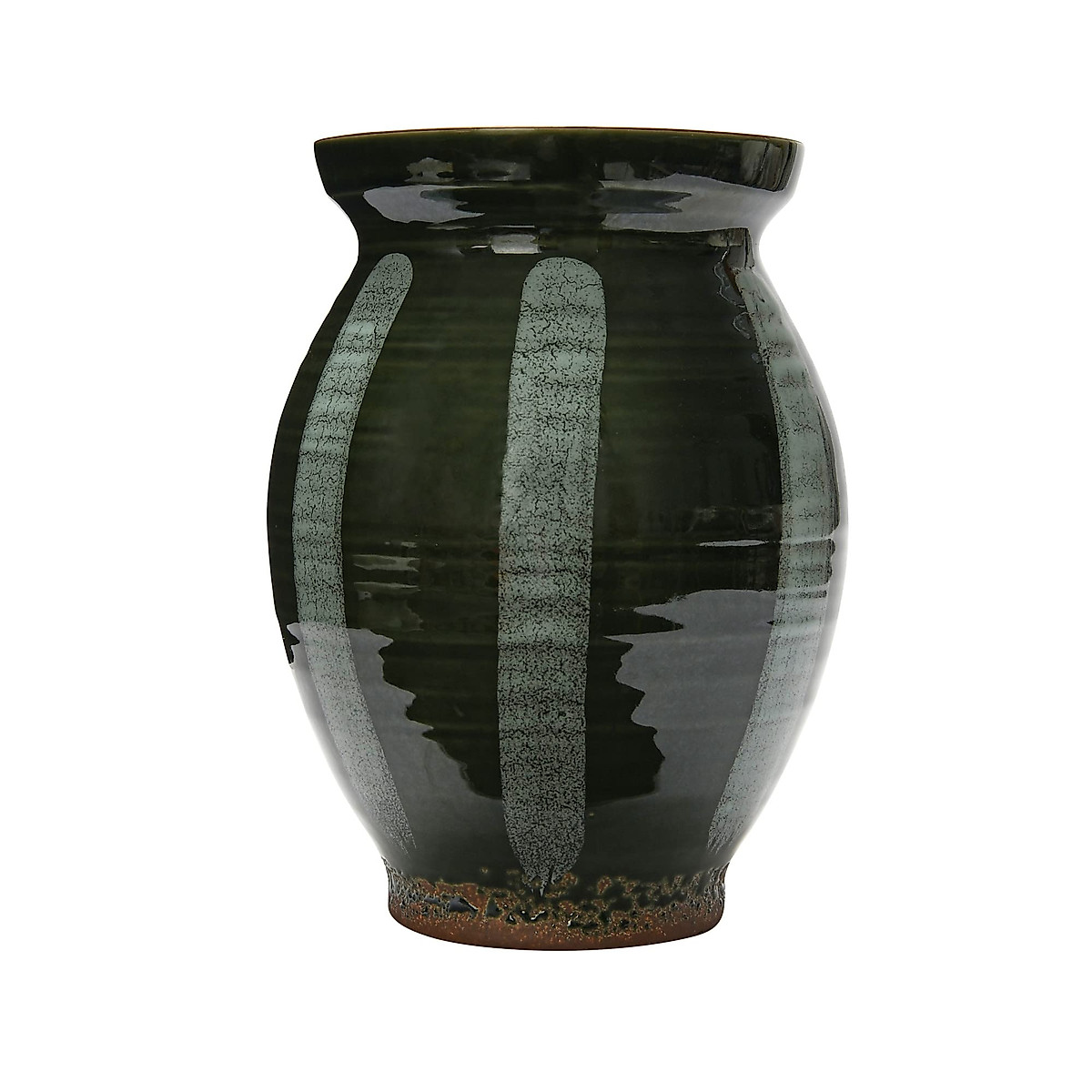 Creative Co-Op Hand Painted Striped Stoneware Pitcher, Green and White Serveware, 9"L x 7"W x 10"H, Green & White