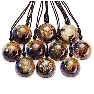 Top Plaza 7 Chakra Natural Healing Crystal Stone Pendant Necklace Adjustable Resin Ammonite Fossil Spiritual Necklace Jewelry for Women Men