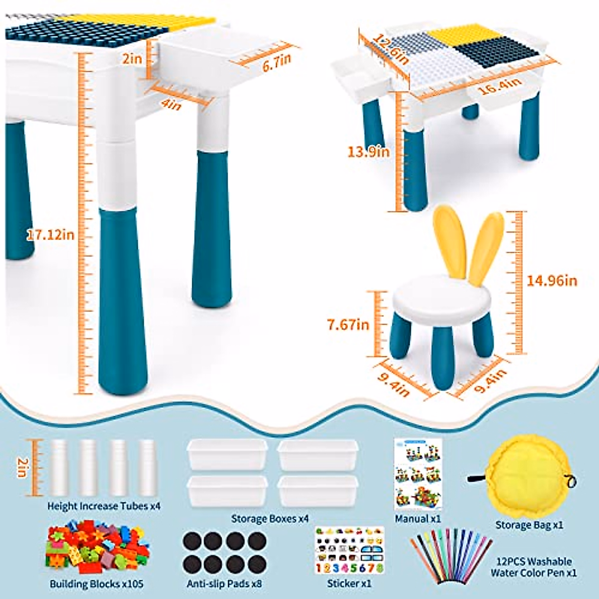 ROGALALY Kids Activity Table Set, All-in-One Multi Activity Table with Storage, 105pcs Building Blocks Table Compatible with Classic Bricks, Craft Learn Play Water Sand Table for Boys Girls