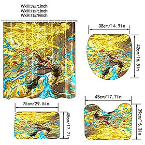 4 Piece Anime Shower Curtain Set with Non-Slip Rug, Toilet Lid Cover, Bath Mat and 12 Hooks, Waterproof Shower Curtain Set for Bathroom
