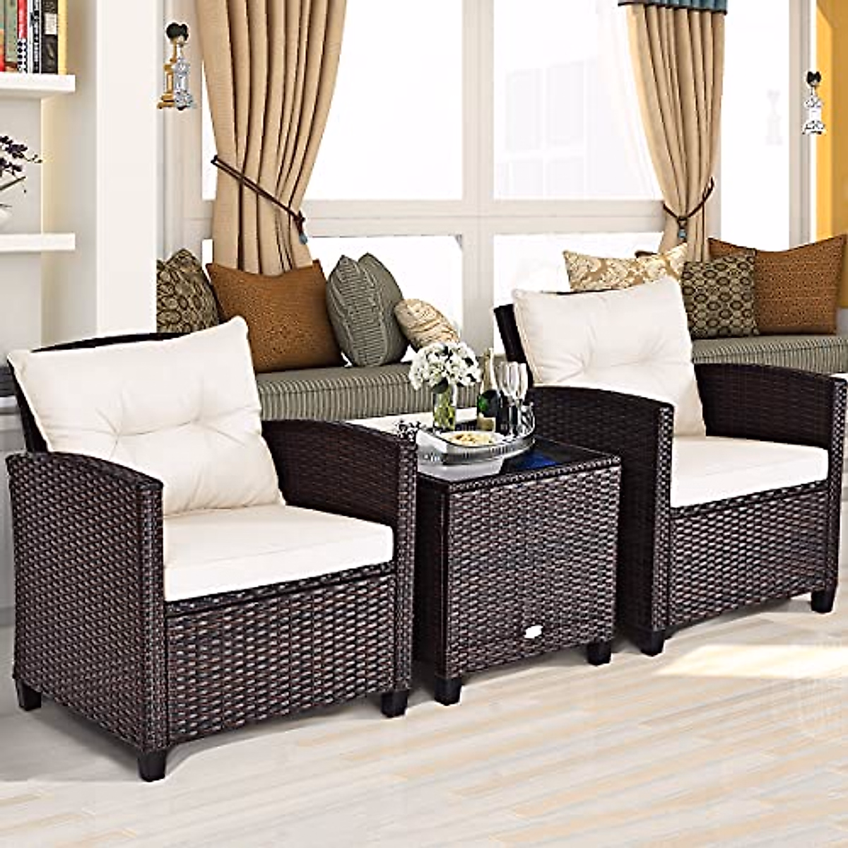 ARLIME 3 Piece Outdoor Patio Furniture Set, All-Weather PE Rattan Wicker Sofa Set w/Removable & Washable Cushion, Modern Conversation Sofa for Garden, Balcony, Swimming Pool, Patio (White)