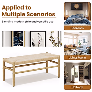 Recaceik Indoor Entryway Bench with Paper Cord Ottoman, Mid-Century Long Bench with Rubber Wood Legs, French Vanity End Bed Bench for Bedroom Living Room Channel