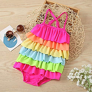 Infant Toddler Girl Swimsuit Rainbow Colorful Romper Sleeveless Bathing Suit Braces Ruched Summer One Piece Set (Rainbow, 4-5T)