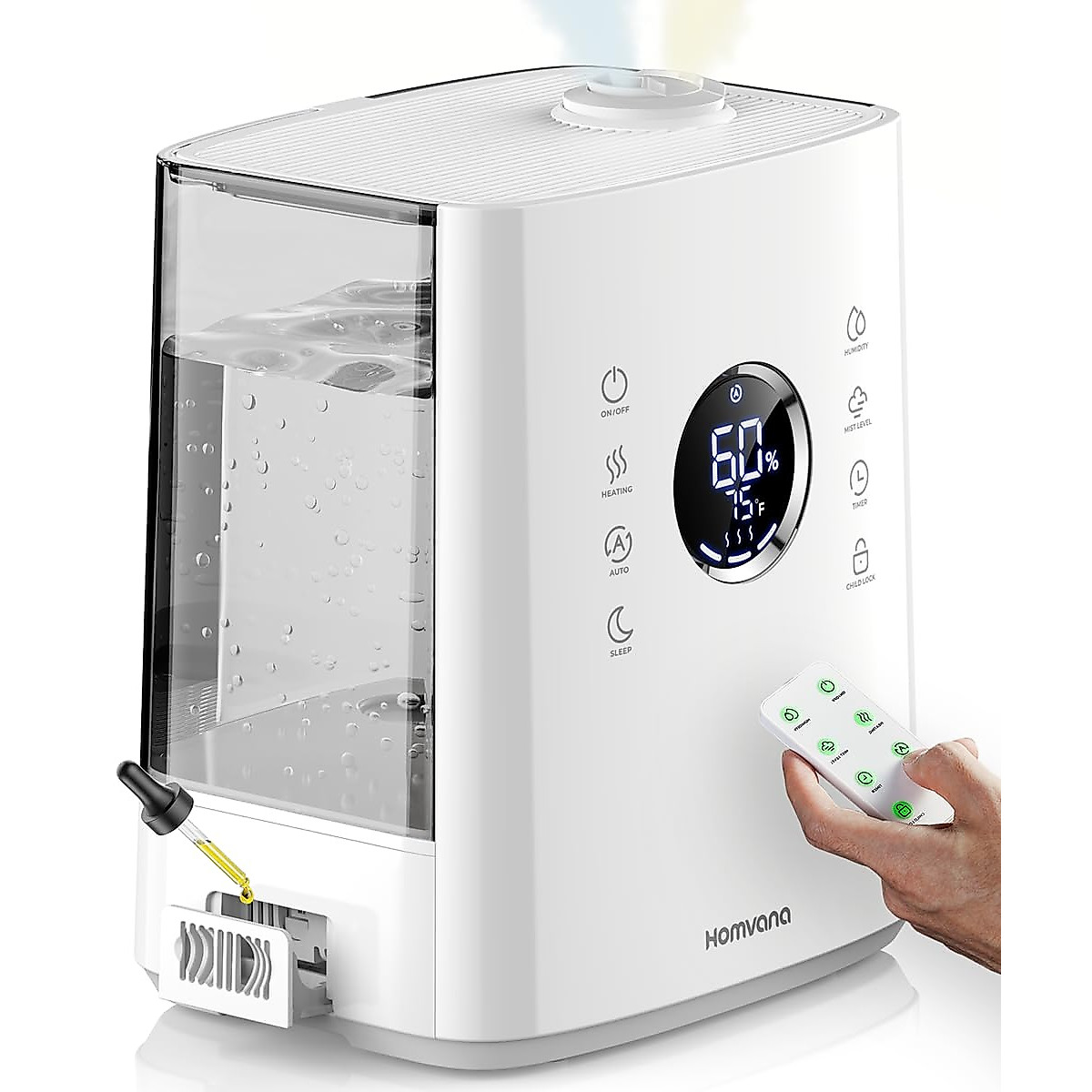 Homvana Humidifiers for Bedroom Large Room, 6.5L Top-Fill Warm & Cool 360° Rotatable Mist Ultrasonic Humidifier for Plants Baby Kids, Vaporizer (Distilled Sterilization) Essential Oil, Auto Sleep Mode