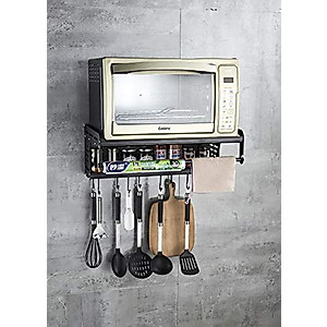 OUDINUO Merry Christmas Black Multifunctional Double Bracket Aluminum Microwave Oven Wall Mount Shelf with 10 Removable Hooks and Fresh Wrapper Rolls Holder