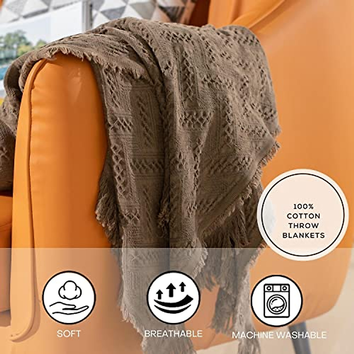 KASENTEX 100% Cotton Throw Blanket Soft Knitted(Brown, 60x50)