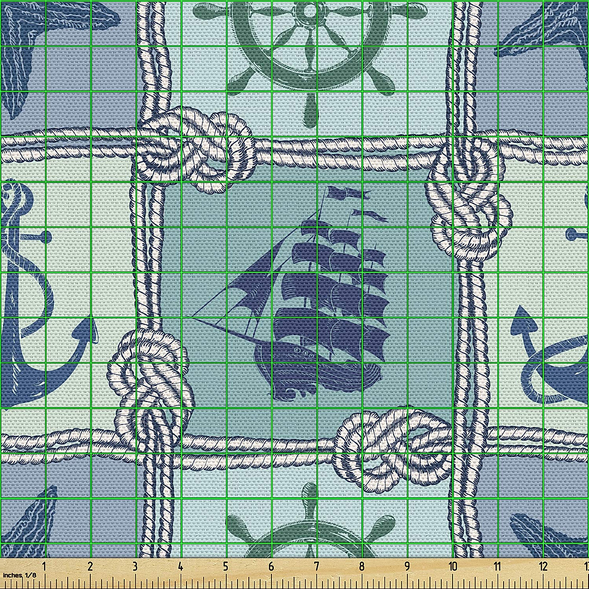 Lunarable Ship Fabric by The Yard, Nautical Themed Art Marine Starfish Wheel Anchor and Vessel Sailor's Knot, Decorative Fabric for Upholstery and Home Accents, 1 Yard, Teal Blue