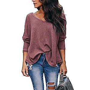 LuckyMore Women Long Sleeve V Neck Tops Sexy Off The Shoulder Loose Pullover Sweater Rust Red S