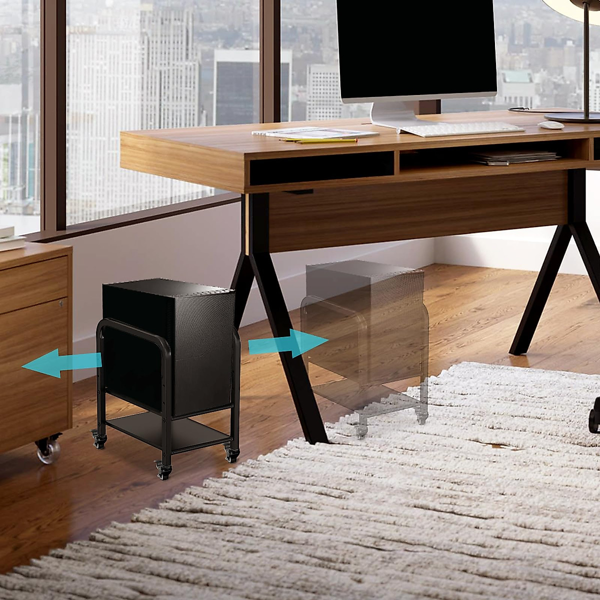 Computer Tower Stand, 360Tronics Adjustable Desktop ATX-Case CPU Holder, 2-Tier PC Rolling Stand Mobile Steel Desktop Case Stand Cart with 4 Locking Wheels for Office Home, Black