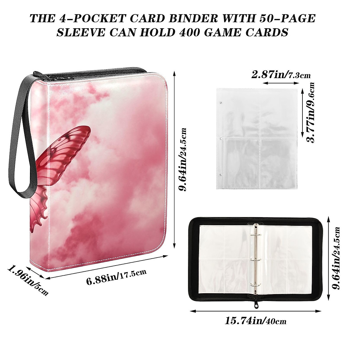 PYBUG Butterfly Trading Card Binder with Nylon Strap 4-Pocket Waterproof PU Leather Card Collection Binder for 400 Cards Sturdy Card Holder Folders for Game Cards,Sports Cards
