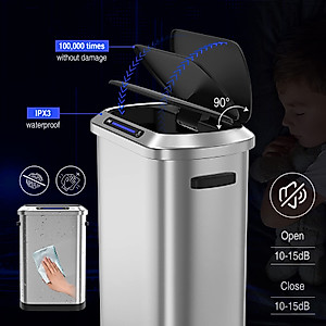 pouseayar 13Gallon 50L Stainless Steel Smart Trash Can with Motion Sensor Super Quiet Lid and 30 Garbage Bags, Perfect for Kitchen, Home, Office - Silver
