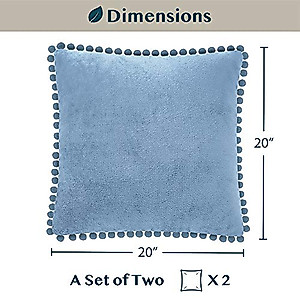 PAVILIA Dusty Blue Throw Pillow Covers, 20x20, Set of 2, Pom Pom | Decorative Velvet Cushion Covers for Sofa Couch Bed | Light Slate Blue Fleece Accent Pillow Case Pompom