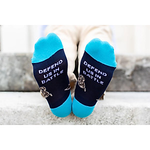 Sock Religious Defend Us In Battle St. Michael Navy and Sky Blue Boys and Girls One Size Fits Most Polyester Blend Catholic Inspirational Fun Crew Socks, Kids