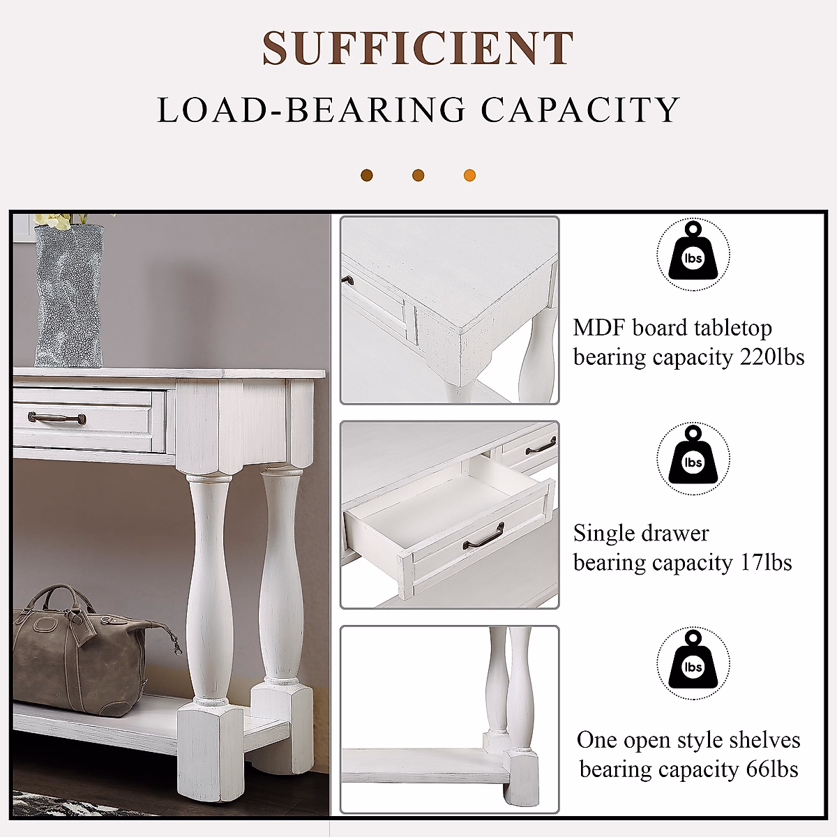 Lecafur HL 63 inch Long Console Table,Wood Entry Table with Storage Extra-Thick Sofa Table with 3 Storage Drawers and 1 Shelves for Entryway Hallway Living Room (Antique White)