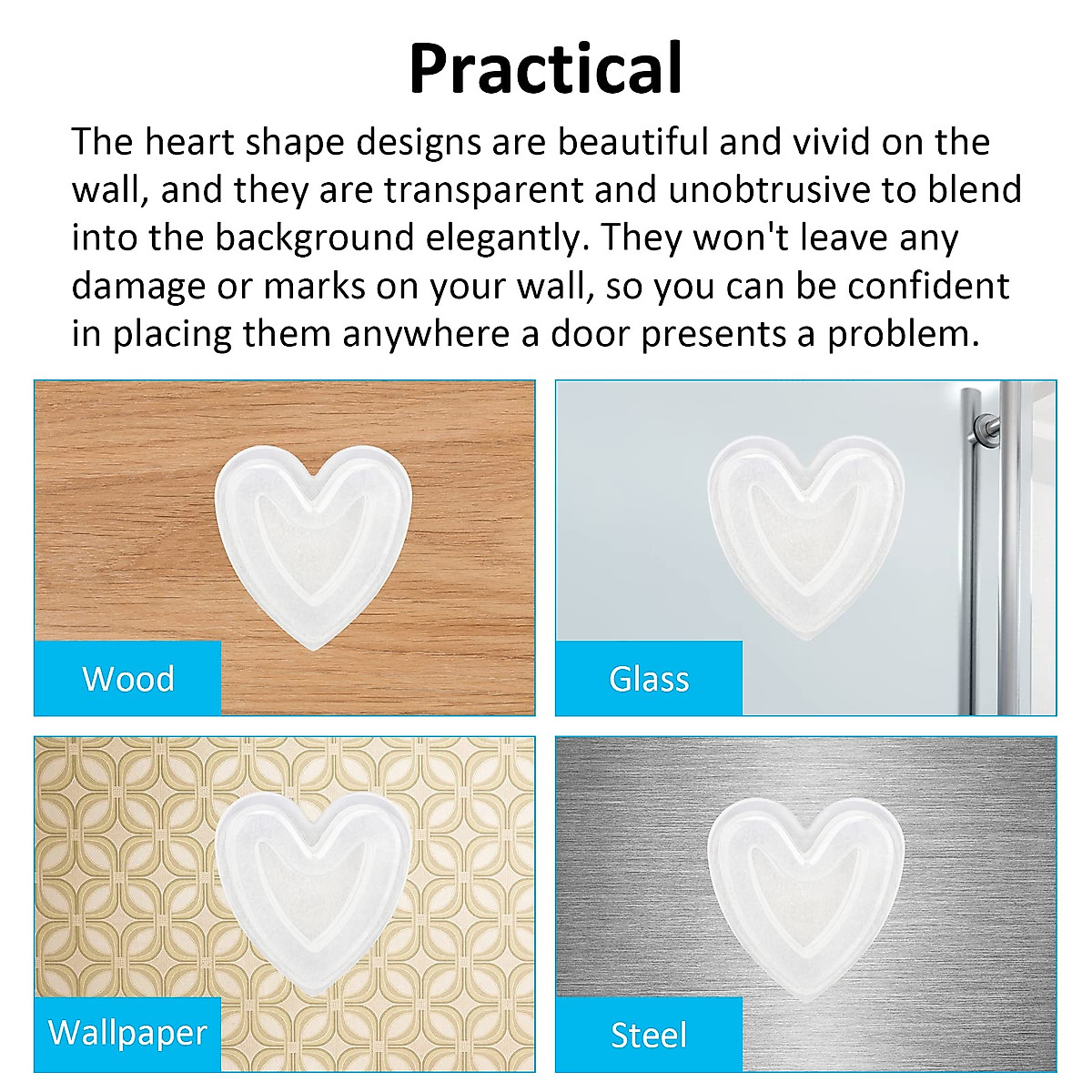 Door Stoppers Wall Protector, 6PCS Reusable Door Bumper with Self Strong Adhesive, Wall Shield & Silencer Cute Clear Heart-Shaped Design, Quiet Shock Absorbent, Wall Protectors from Door Knobs