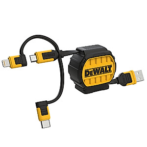 DEWALT 3 in 1 Retractable Multi Charging Cord, 3ft Fast Charger Cord, Multi Charger Adapter with Lightning/Type C/Micro USB Port for iPhones/Samsung Galaxy/PS/Tablets/More