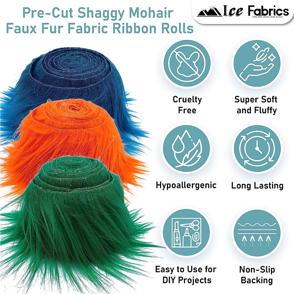 Ice Fabrics Craft Faux Fur Fabric Pre Cut Rolls - 2"x60" Fur Ribbon Mohair Fabric Strips - Super Soft and Fuzzy - Perfect for Crafts, Costumes & Decoration - Royal Blue - 2x60