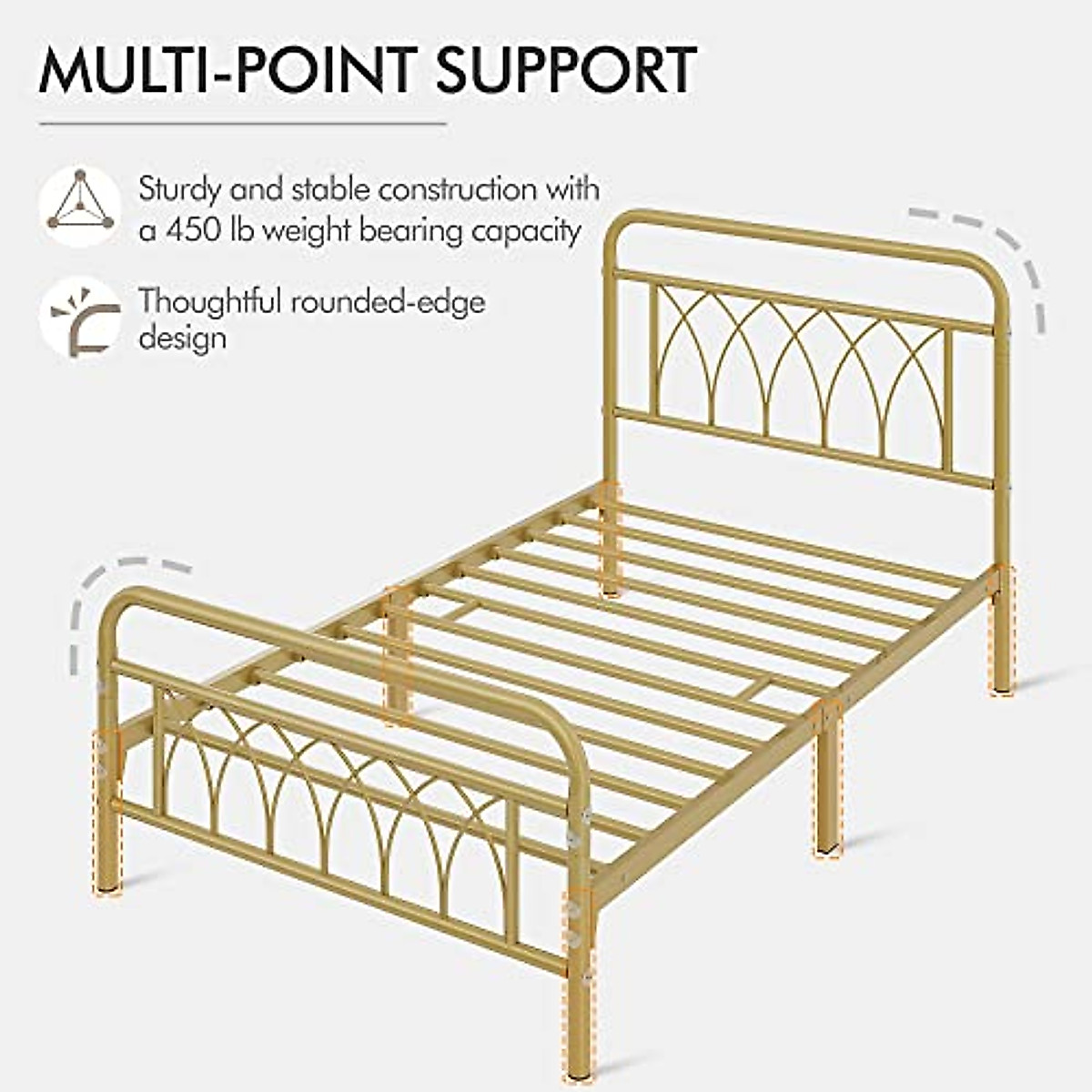 Yaheetech Twin Bed Frame Metal Platform Bed with Petal Accented Headboard/Footboard/14.4 Inch Under Bed Storage/No Box Spring Needed,Antique Gold