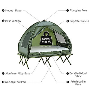Outsunny 2 Person Foldable Camping Cot with Tent, Bedspread and Thick Air Mattress, 4-in-1 Elevated Camping Bed Tent for Outdoor Hiking, Picnic, Travel