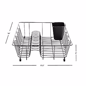 Home Basics Vinyl Coated Wire Dish Drying Rack with Square Utensil Holder, (Black) Countertop Dish Drainer | Padded Feet to Protect Countertops | Dual Side Drinkware Space