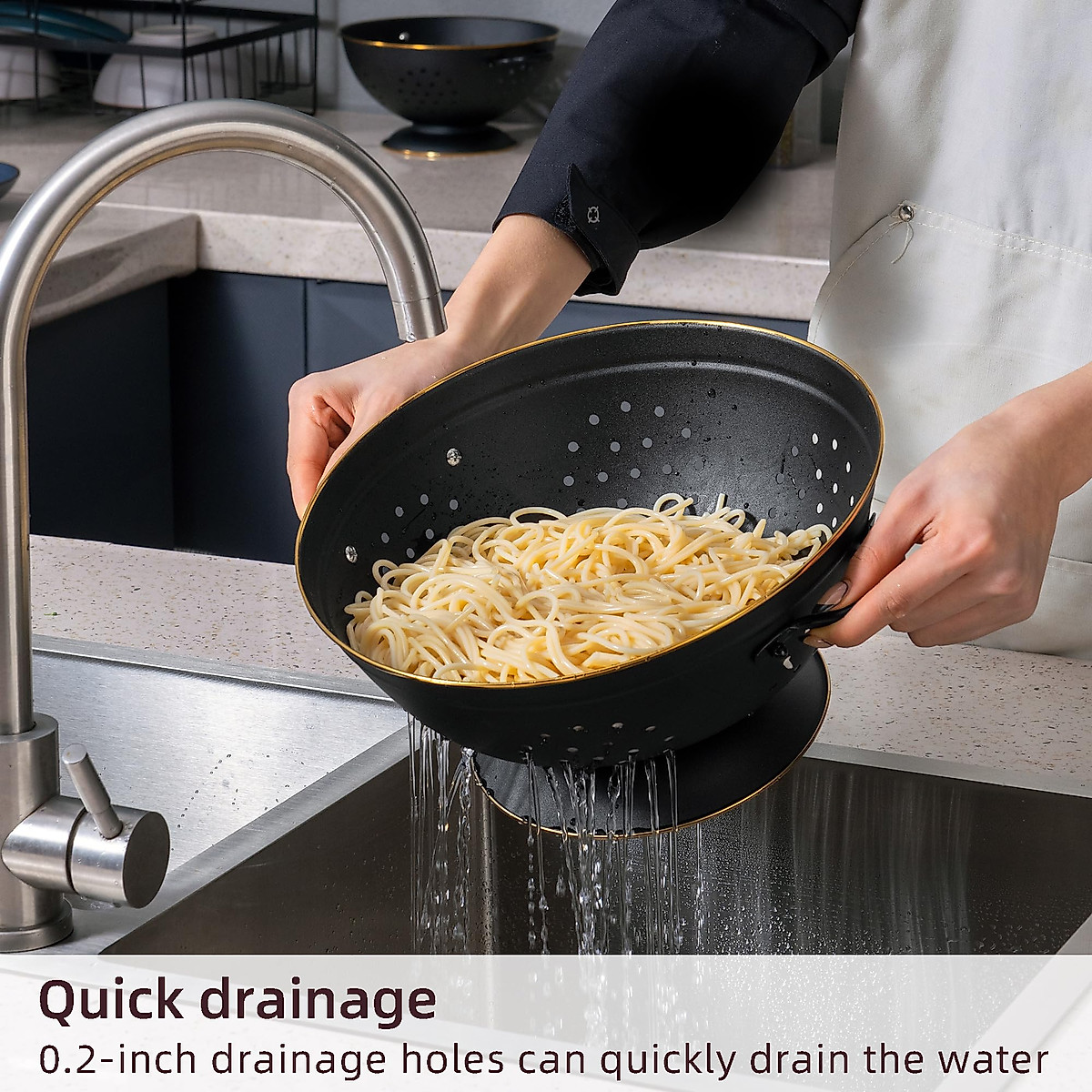 Metal Colander Set of 2, Strainer Basket with Handles perfect for Spaghetti, Pasta, Berry, Vegetable, Fruit, Solid Base Powder Coated Self-draining Kitchen Colander Bowel, 3.5 & 5 Qt, Matte Black