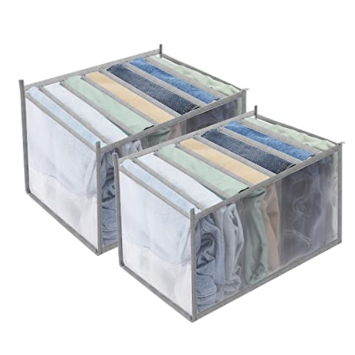 Hodeuineer Wardrobe Clothes Organizer for Jeans,7 Grid Foldable Drawer Organizers For Clothing,Clothes drawer Organizer for Thin Pants,Mesh Clothes Organizer For Folded Clothes(2Pack,Gray Upgraded)