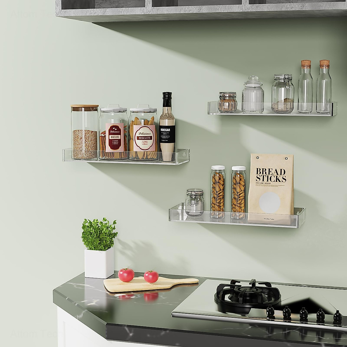 NiHome Clear Acrylic Floating Wall Shelves Set of 3 Sizes, 5mm Thickness Display Wall Shelves with Edge, Bathroom Wall Mounted Shelf Hanging Floating Bookshelves for Home Office Wall Decoration