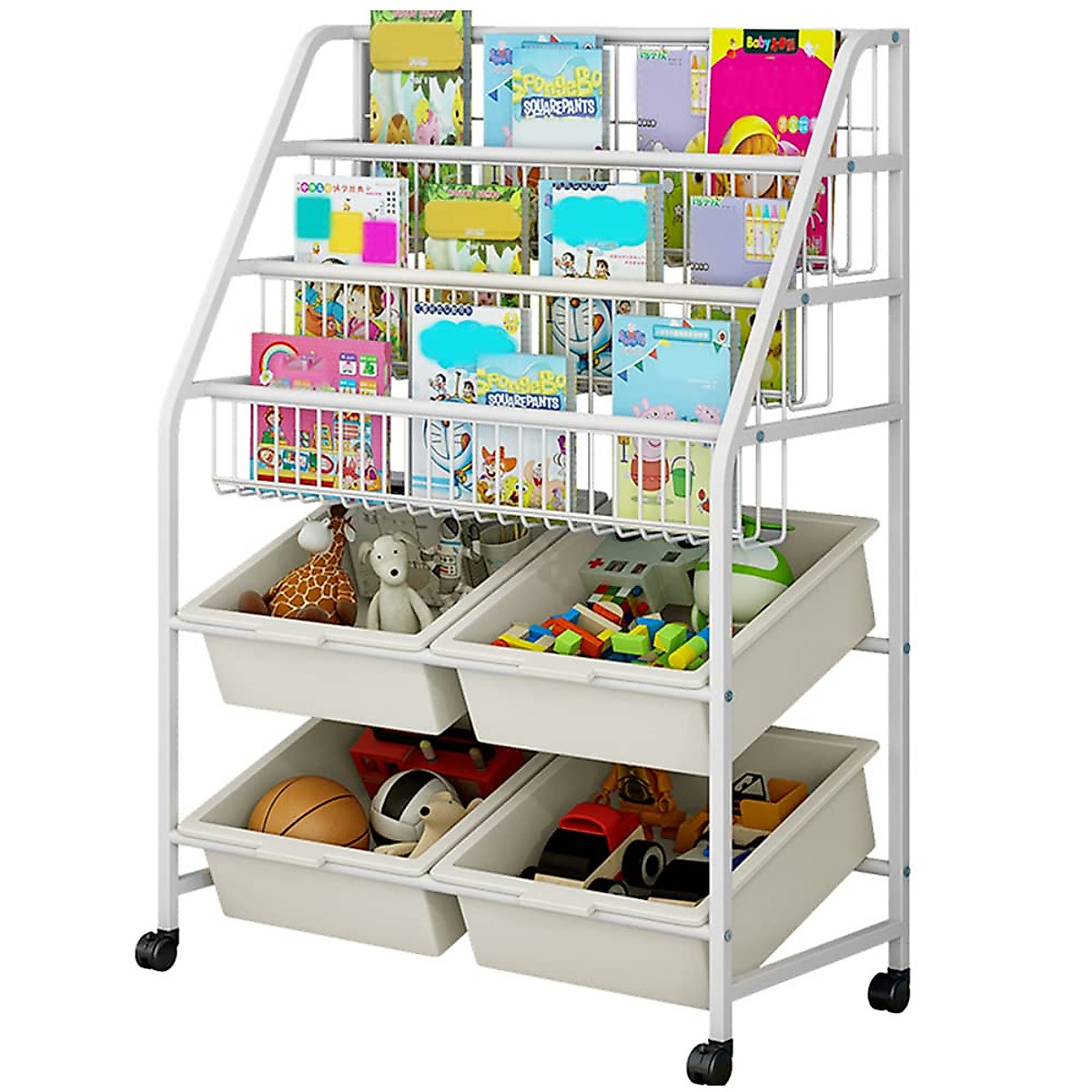 MOAMUN Kids Bookshelf Children Book Organizer 5 Tier Metal Kids Bookcases and Toy Storage Rack with 4 Cube Bins for Playroom Bedroom Living Room Study Room( Beige)