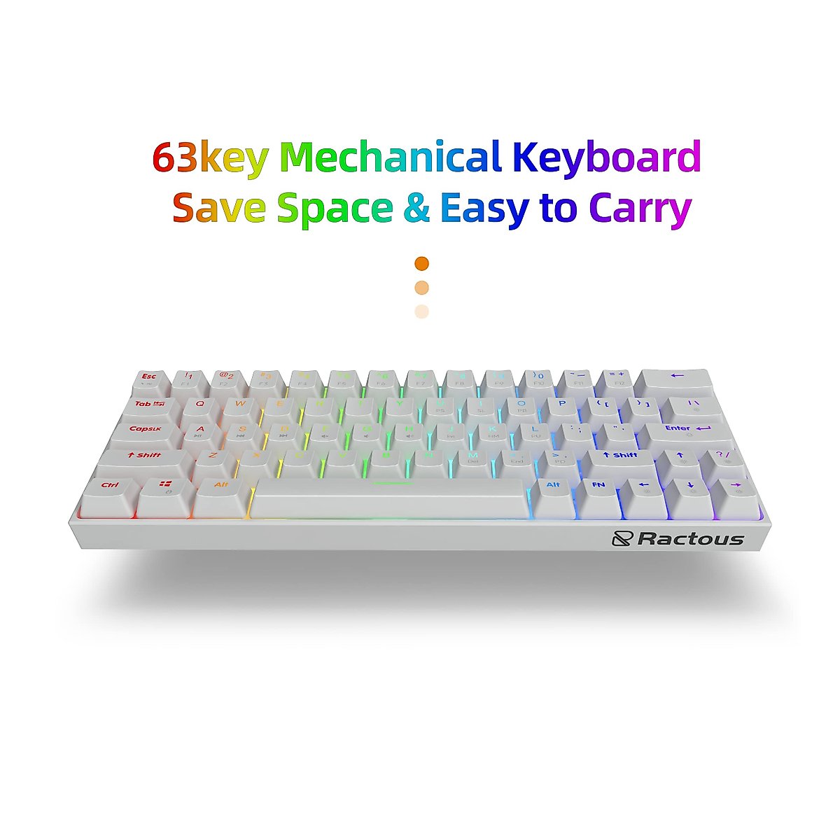 Ractous RTK63P 60% Mechanical Gaming Keyboard RGB Backlit PBT keycaps 63key Ultra-Compact Wired Keyboard Programmable for PC/Mac Gamers,Hot-Swappable Optical Red Switch (White)