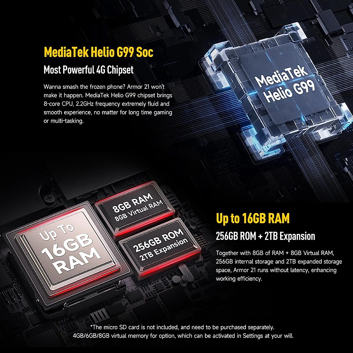 Ulefone Armor 21 Android 13 Rugged Smartphone Unlocked, MTK Helio G99 16GB+256GB Cell Phone, 3.5W Big Speaker, 64MP+24MP Night Vision Camera, 6.58"FHD+, 9600mAh, Dual SIM 4G Rugged Phone, NFC GPS OTG