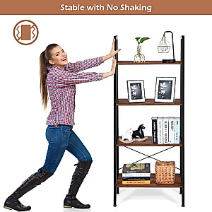 Giantex Ladder Shelf 4-Tier Industrial Bookshelf Storage Rack Shelves for Home and Office Use, Wood Display Rack with Metal Frame (Rustic Brown)