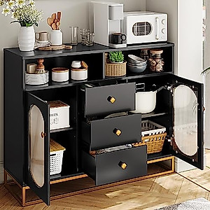 finetones Sideboard Buffet Cabinet with Storage, 47.2" Large Kitchen Storage Cabinet with 3 Drawers and 2 Glass Doors, Buffet Cabinet Buffet Table Coffee Bar Cabinet for Kitchen, Dining Room, Black
